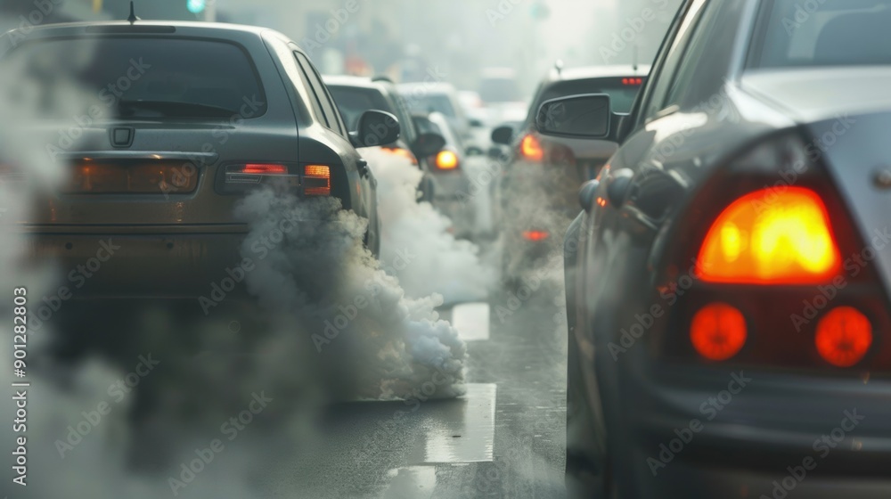 A congested city traffic jam with cars emitting exhaust fumes ...