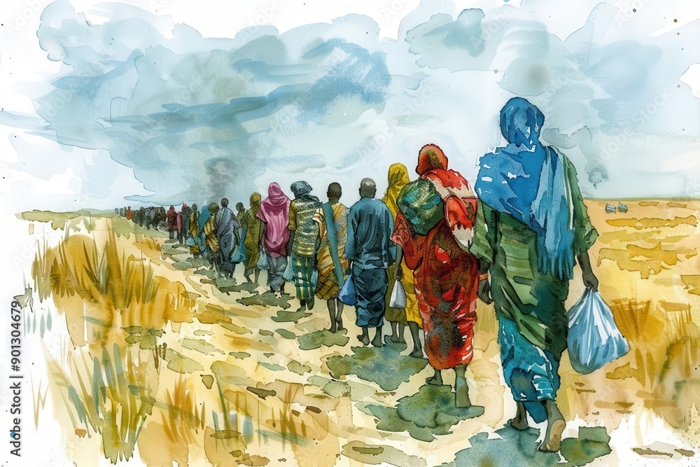 Famine Refugees A watercolor illustration of displaced people fleeing ...