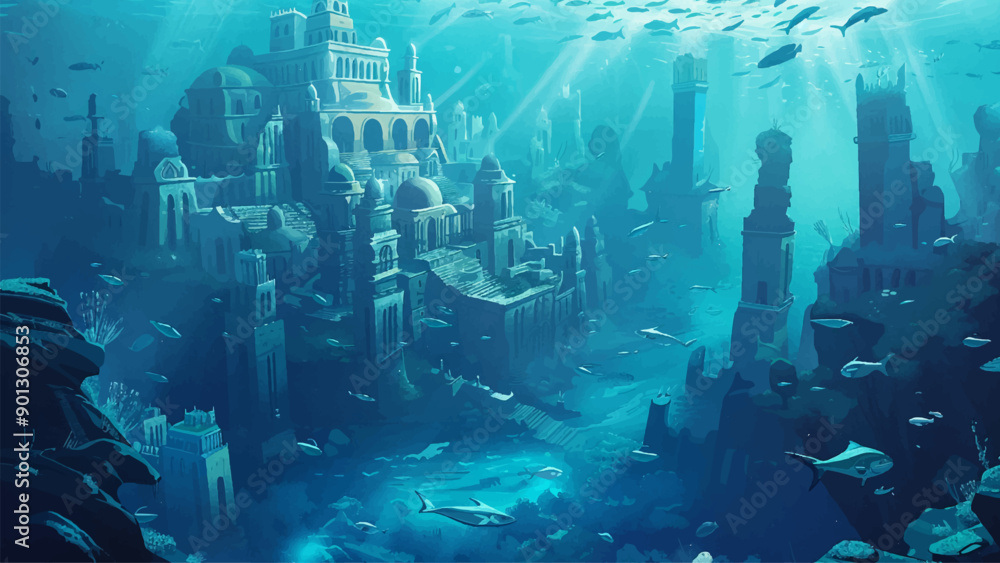 Vector de Stock Submerged City of Atlantis Swarms Fish Swimming Cartoon ...