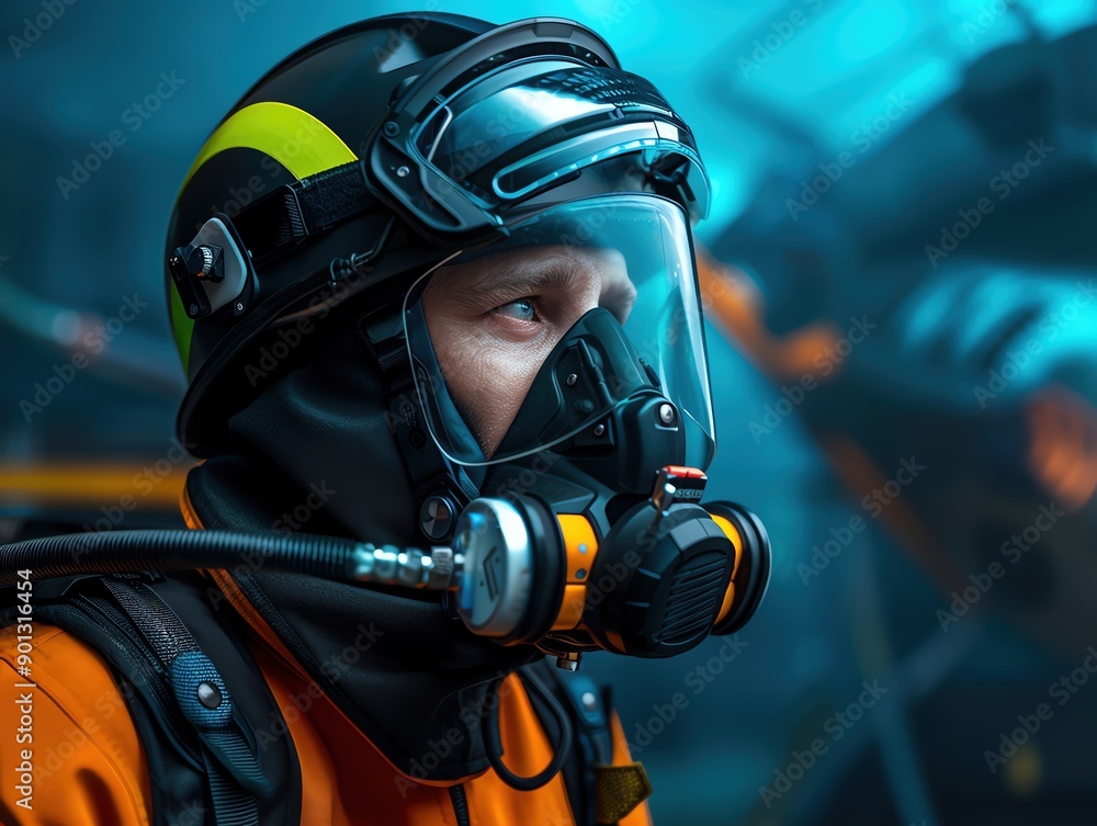 Epic shot of a firefighter wearing a self-contained breathing apparatus ...