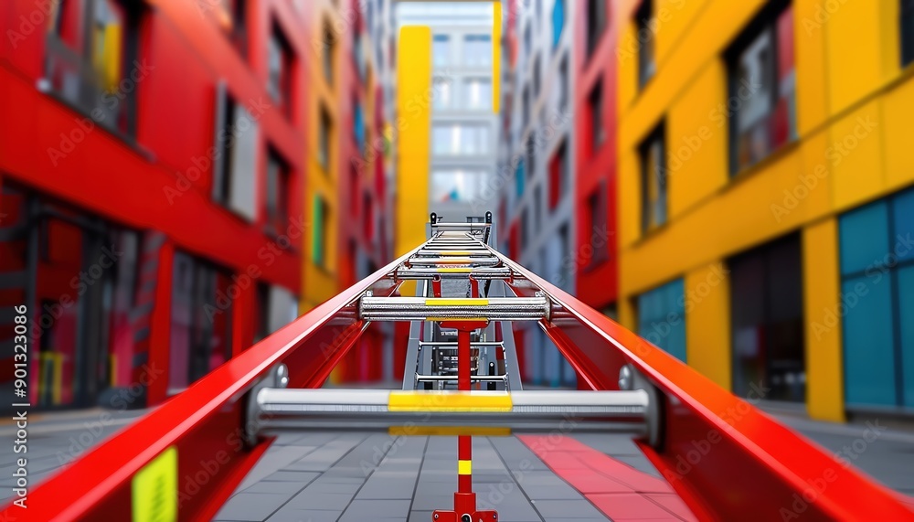 High-resolution photo of a ground ladder fully extended against a ...