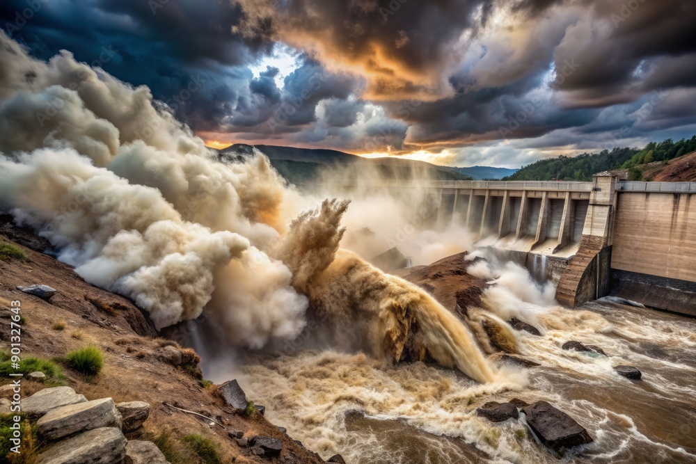 Dramatic image of a massive concrete dam destruction, water gushing out ...