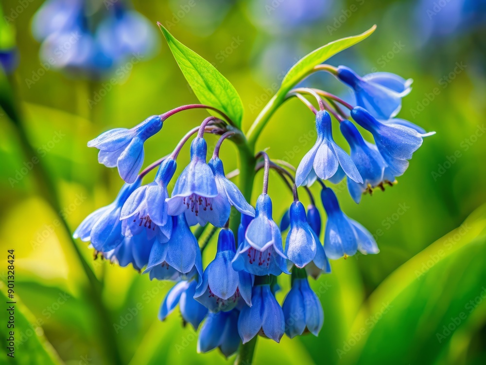 Delicate blue bell-shaped flowers with slender stems and vibrant green ...