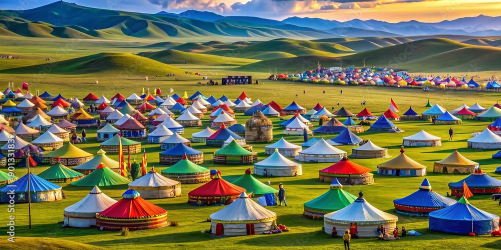 Vibrant-colored tents and yurts dot the rolling hills of the Mongolian ...