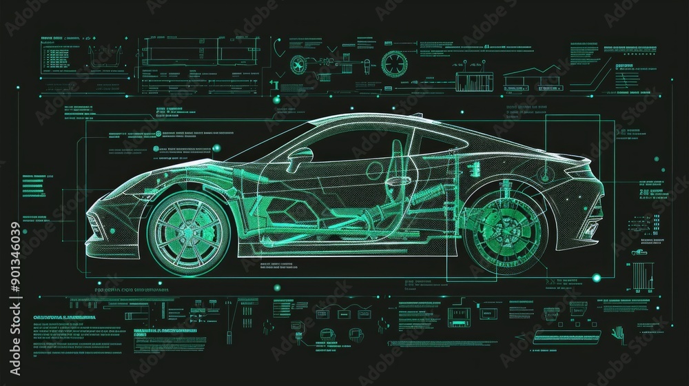 green blueprint of a car, black background, technical diagrams Stock ...