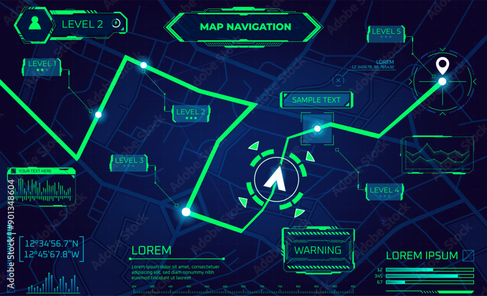 Vector de Stock Navigation game map. Futuristic gaming interface, cartography plan infographic ...