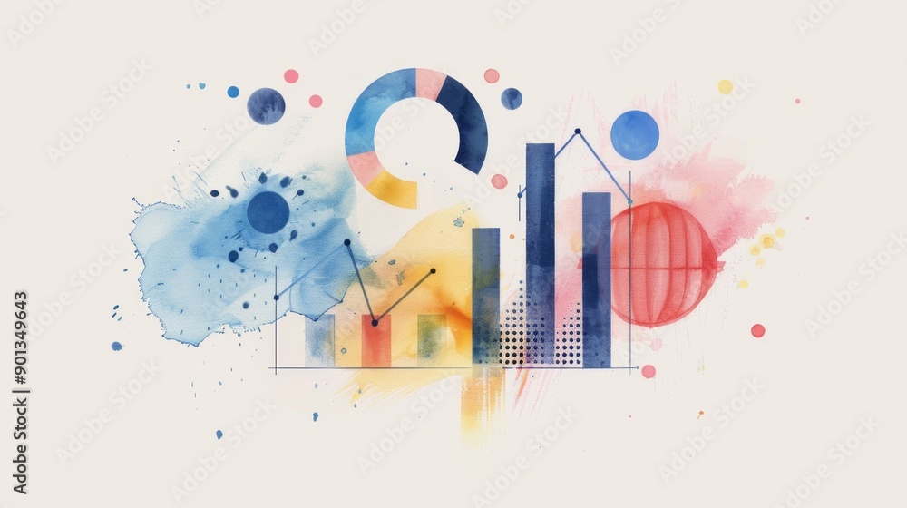 geometric shapes, trend graphs and charts painted with watercolor on ...