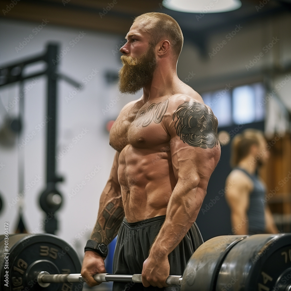 Shirtless muscular bodybuilder with a long beard and tattoos lifts a ...