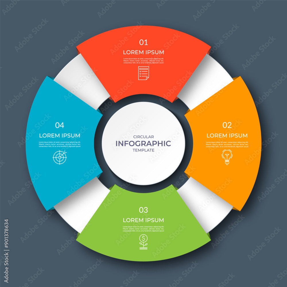 Infographic circular diagram with 4 options, parts. Four-step process chart with colorful ...