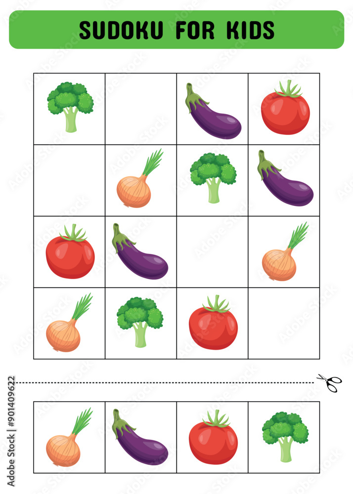 Sudoku for children with vegetables. Kids activity sheet. A logic game ...