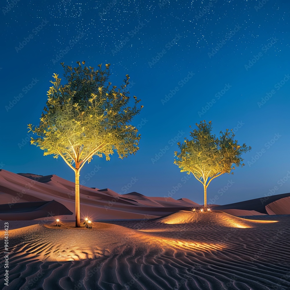 Abu Dhabi, UAE - December Night view of short trees on sand against ...