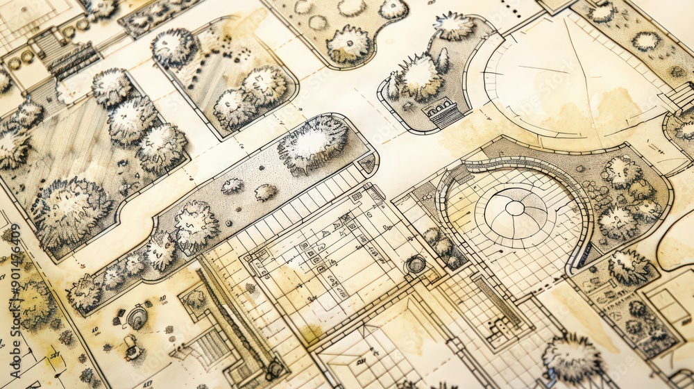 Diagram of a blueprint for a residential garden, featuring layout plans ...