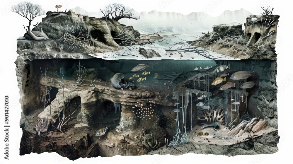 Diagram of a cave ecosystem, featuring unique cave-dwelling organisms ...