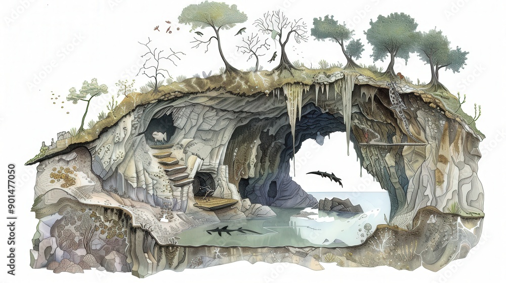 Diagram of a cave ecosystem, featuring unique cave-dwelling organisms ...