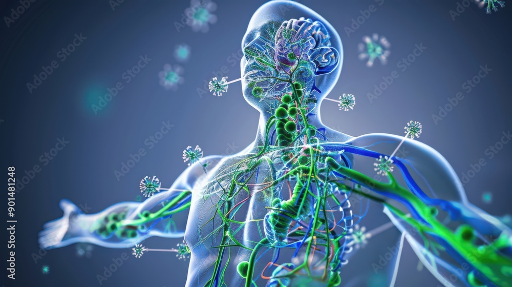 Diagram of the lymphatic system, depicting the lymph nodes, vessels ...