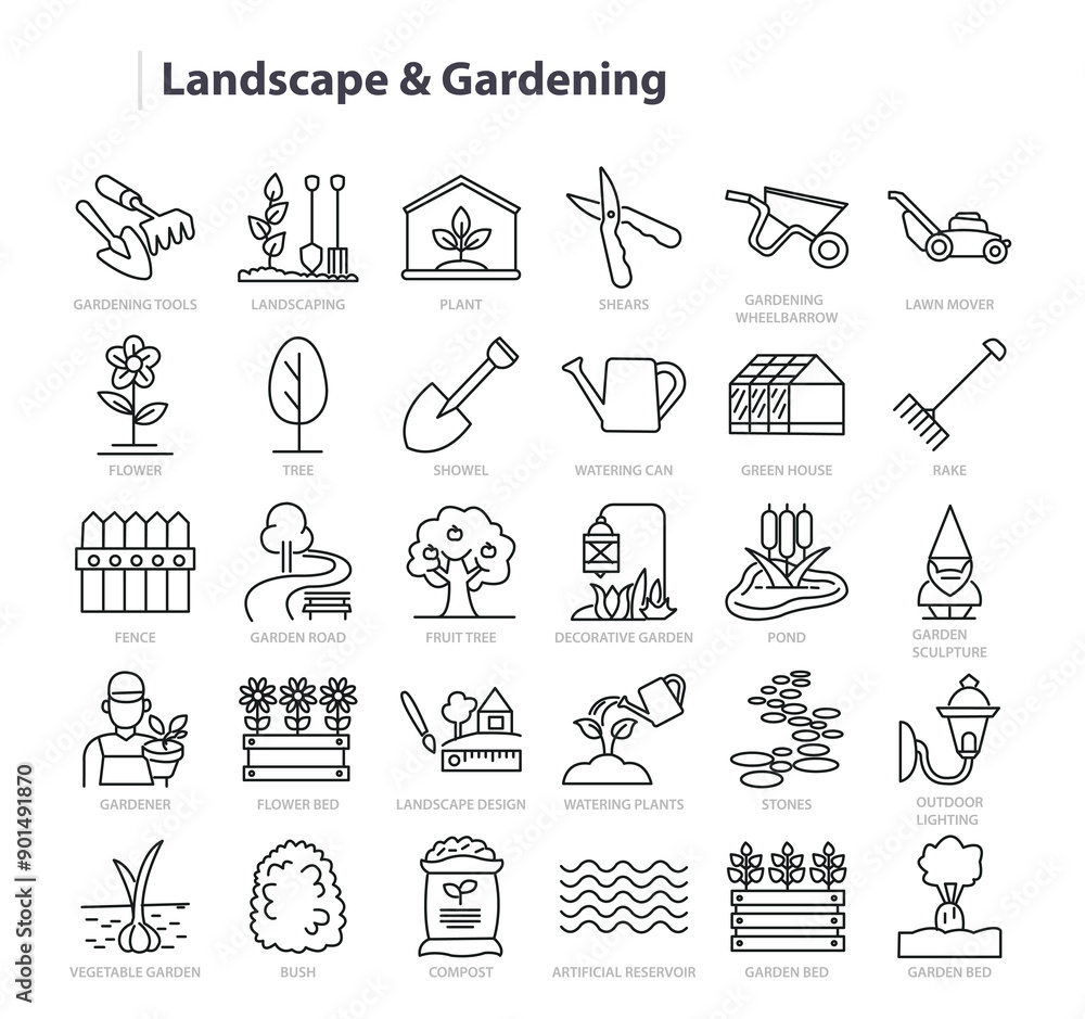 Gardening and Landscape Line Vector Icon Collection. A set of outline ...