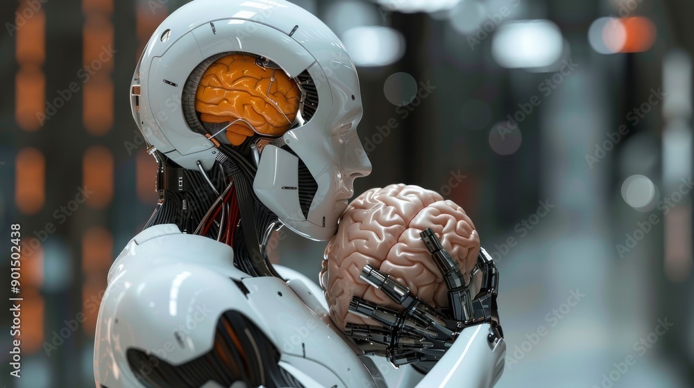 Sleek robot with exposed brain holding a human brain. Integration of ...