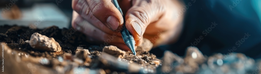 History Scientists identifying and studying organic fossil remains in a ...