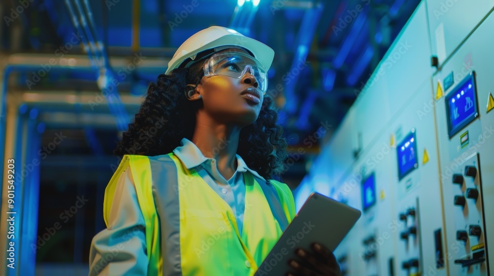 engineering, black lady, tablet thinking, control room machine ...