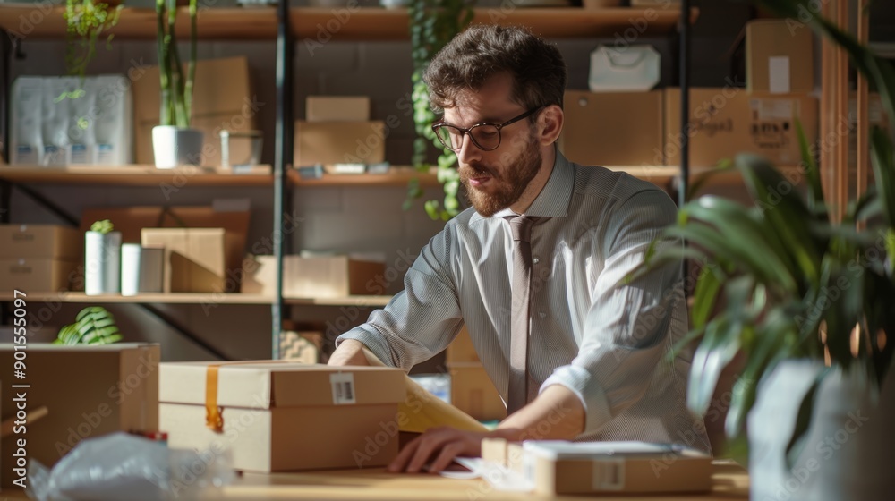 Shipper, delivery, and businessman with box for shipping, labeling, or ...