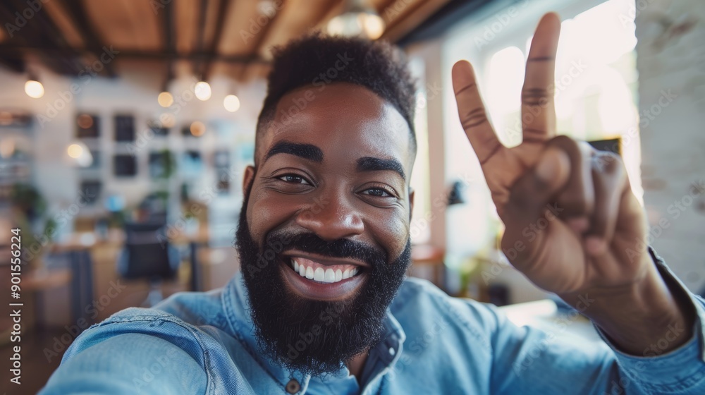 Happy businessman, peace sign selfie, and influencer at work. Portrait ...