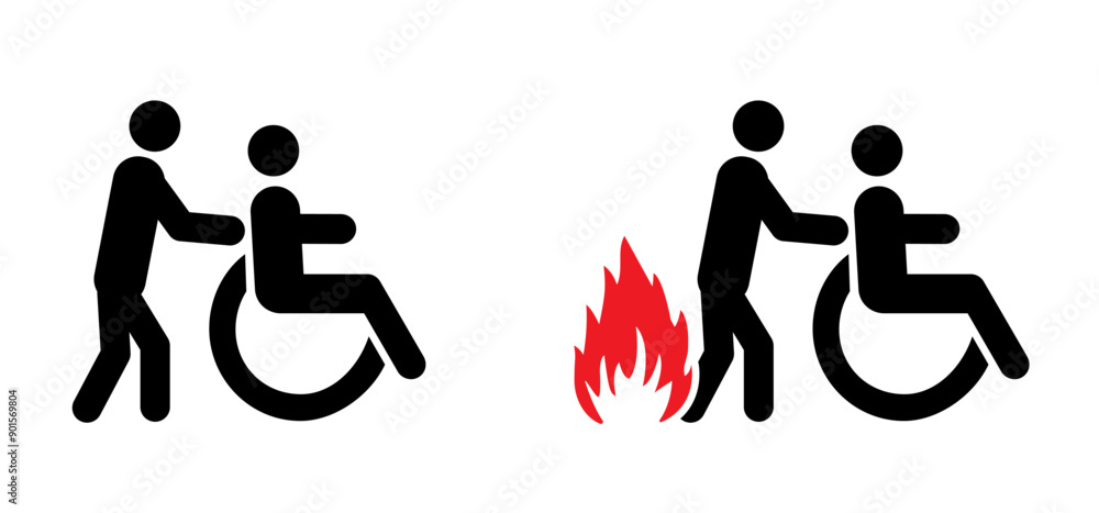 Cartoon fire patient evacuation, exit concept. Burn patient symbol or ...