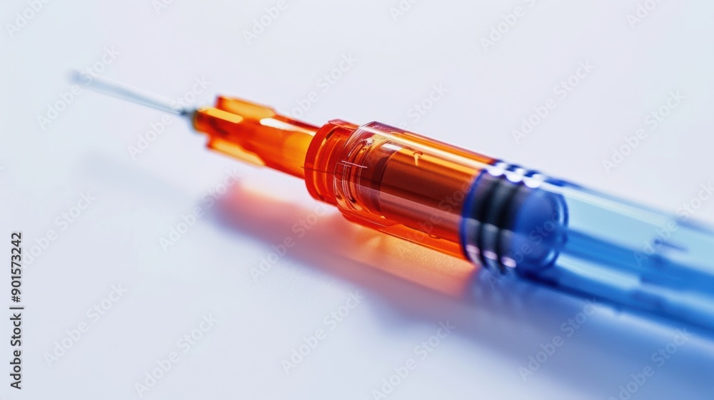 Medical syringe is lying on its side on a white background with its ...