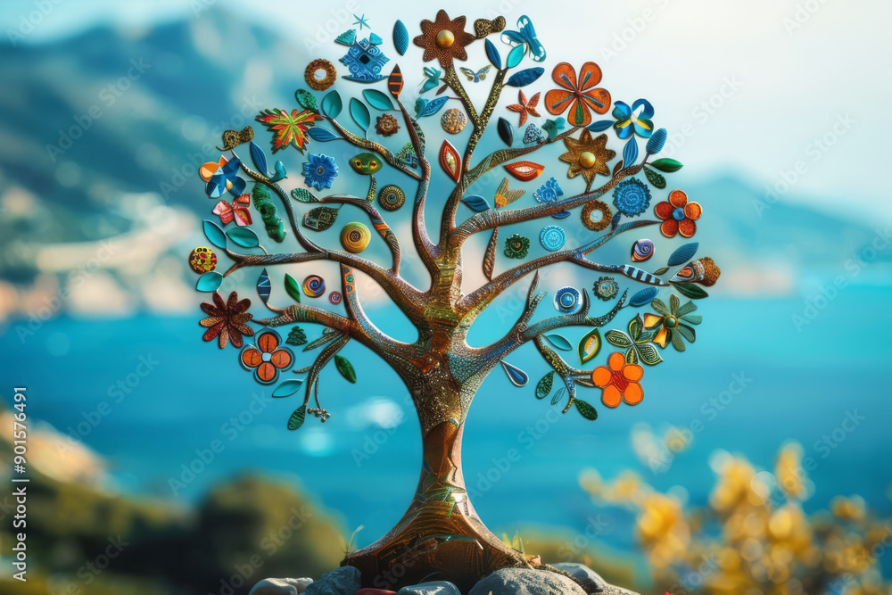 Tree of life with diverse cultural symbols, meaning of life, unity and ...