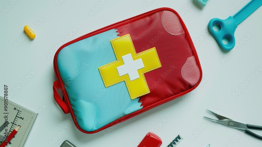 Top view of a first aid kit and medical tools on table, with a red ...