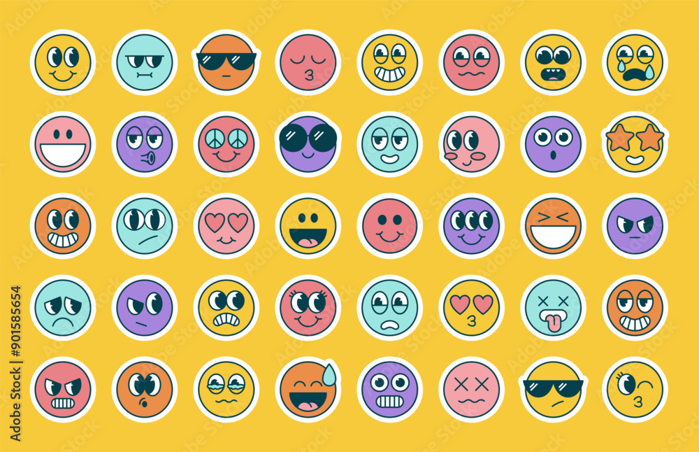Retro emoji labels set. Sticker pack in trendy cartoon style. Editable ...