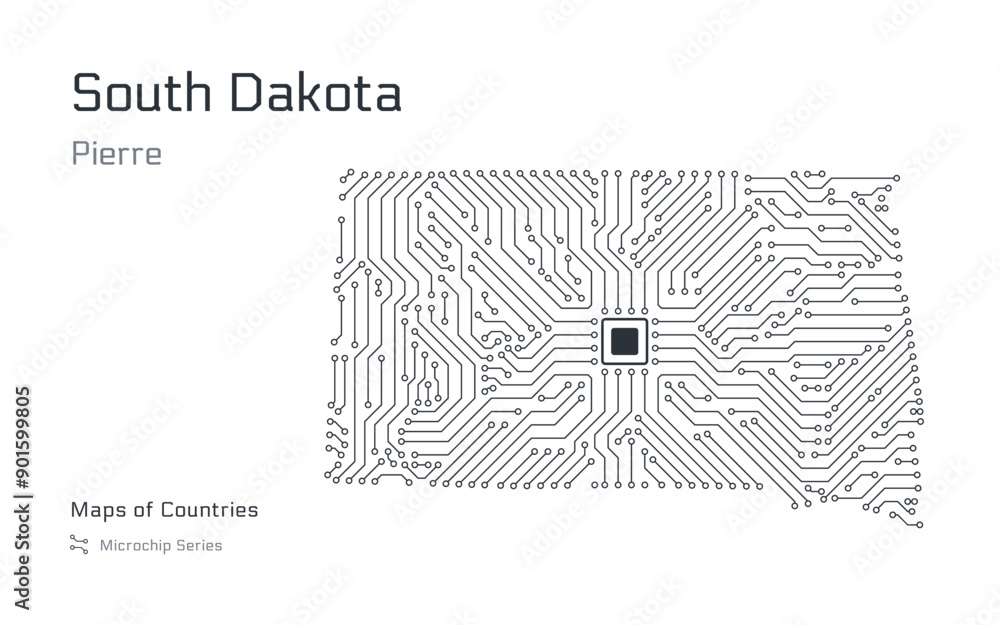 South Dakota Map with a capital of Pierre Shown in a Microchip Pattern ...