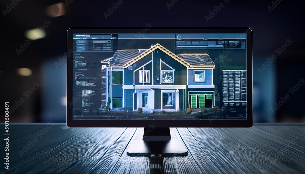 Computer monitor displaying a 3D house model using architectural ...