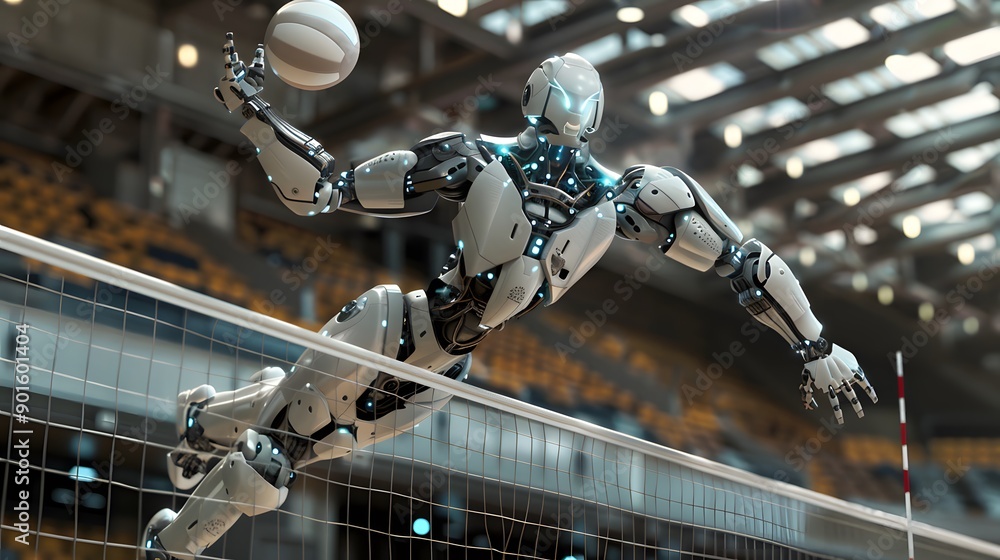 Robot Volleyball Player Spiking Ball: A tall robot leaping to spike a ...