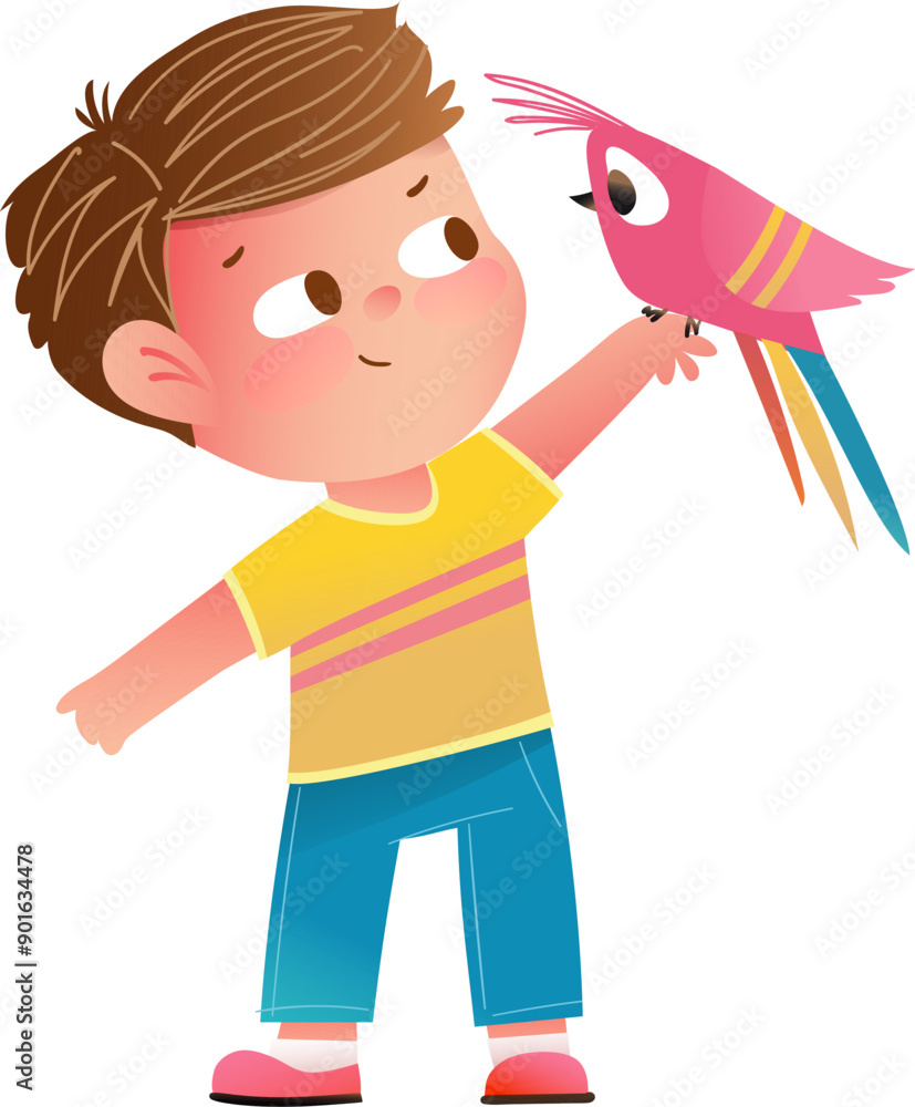 Cute little boy and his friend parrot bird. Colorful kindergarten kids ...