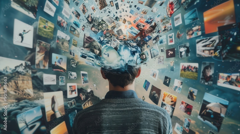 A person stands with their back turned, immersed in a vibrant display ...