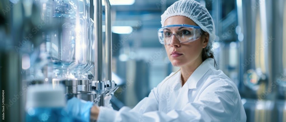 Lab technician monitoring bioreactor vessels in pharmaceutical ...