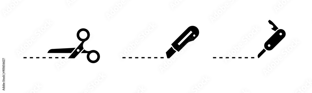 Set of black cut lines symbols. Isolated cissors, cutter, knife, cut ...