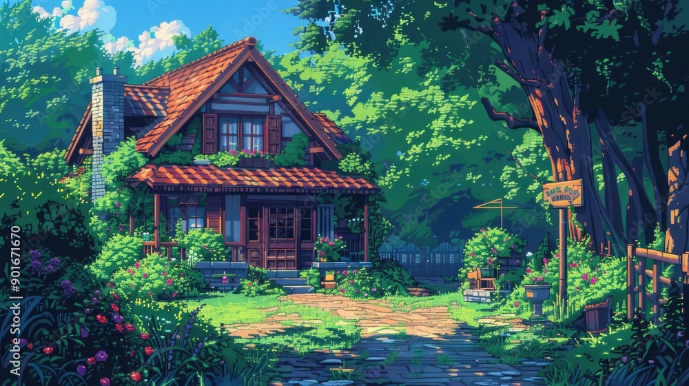 Daylight pixel art of a house set in a vibrant forest, created in 8-bit ...
