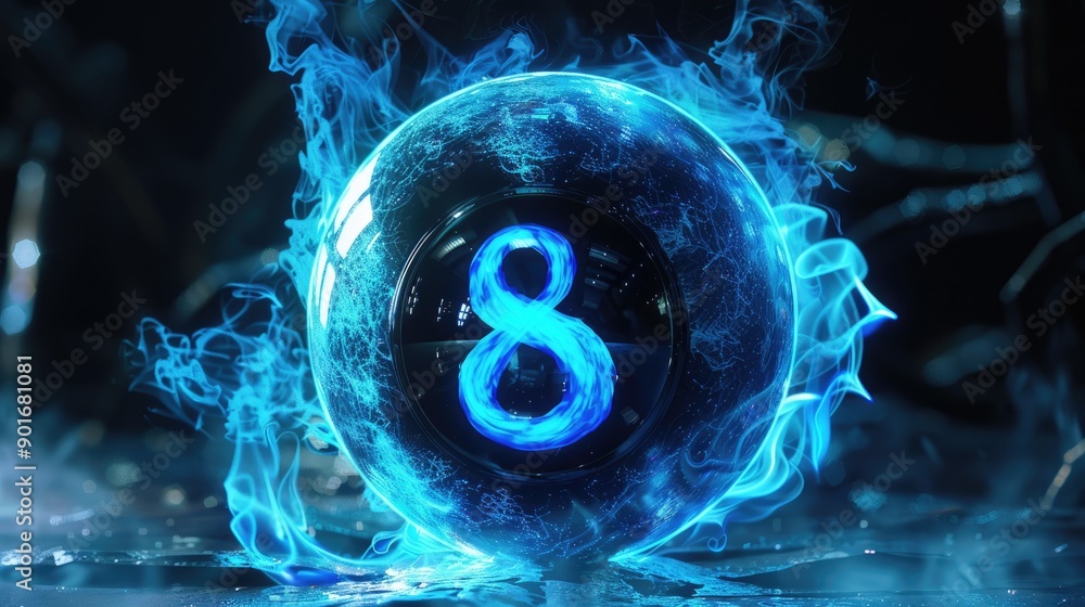 Enigmatic image of a magic eight ball in blue flames, against a dark ...