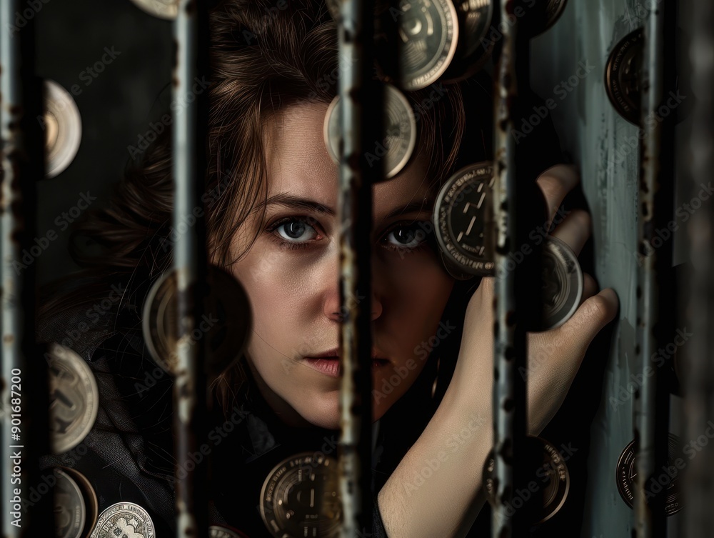 A mysterious woman behind bars with scattered coins, expressing ...