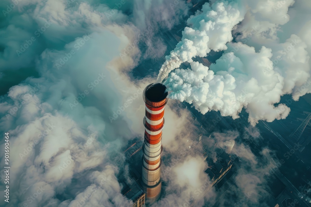 There is smoke coming out of a tall smokestack, as seen from above. The ...