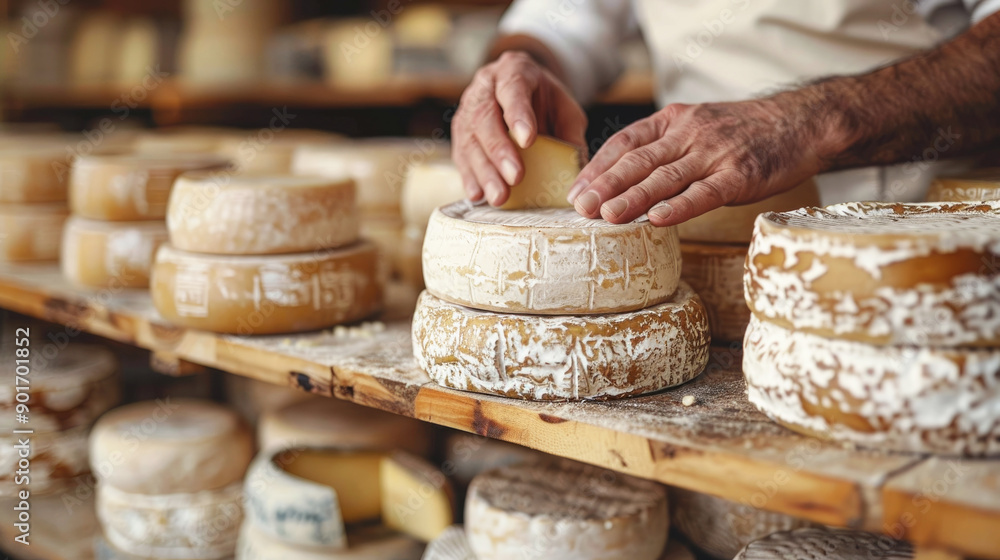 The hands of a male cheesemaker hold a fresh wheel of cheese. Cheese ...
