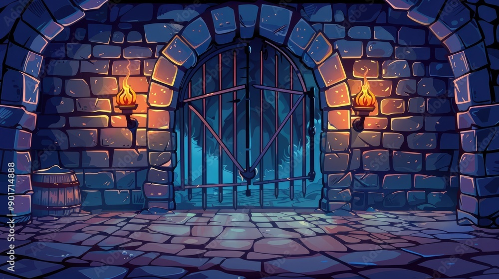 Stone-walled dungeon with torches and a barred gate in a medieval ...