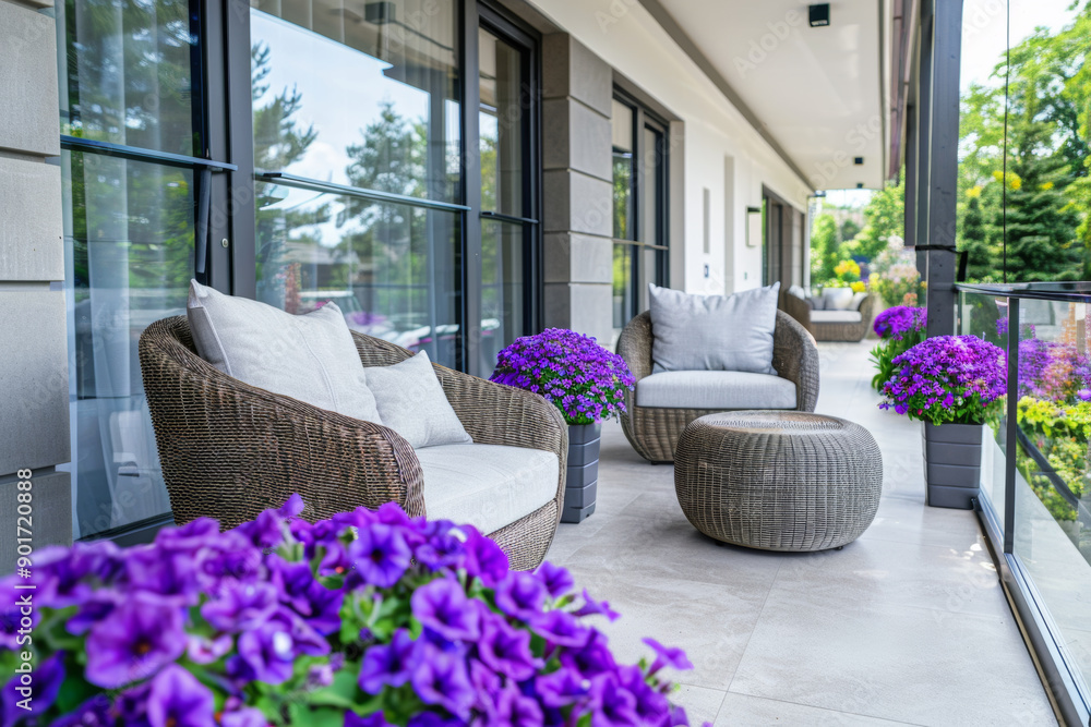 Modern balcony or terrace with furniture and purple petunia flowers in ...