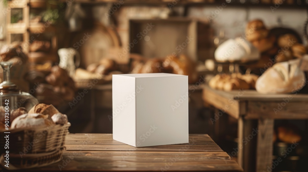 Blank box mockup on rustic bakery counter. Enhance your product display ...