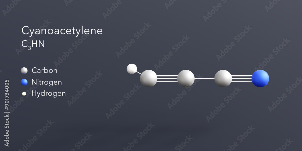 cyanoacetylene molecule 3d rendering, flat molecular structure with ...