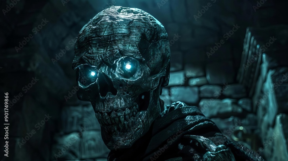 Grim specter with a skeletal face, glowing eyes in a dark crypt ...