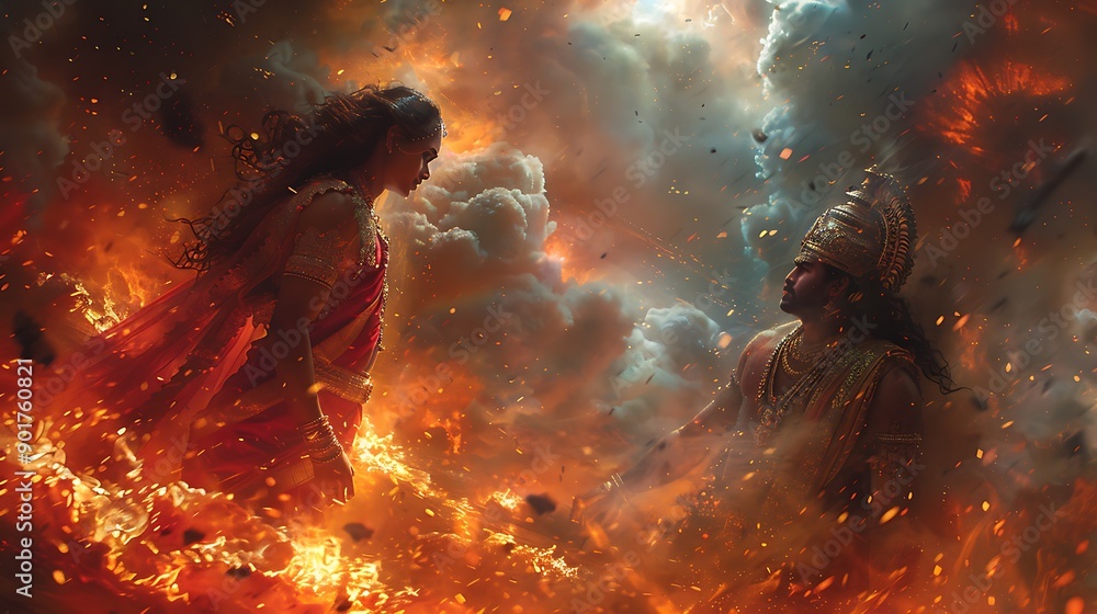 Dramatic scene from the mythological Hindu epic Ramayana with Rama and ...