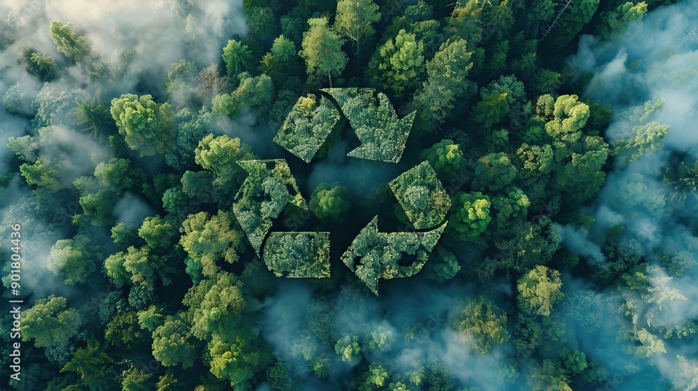 Recycling sign and forest background. Ecological waste management and ...