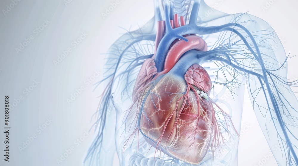 Detailed 3D rendering of the human circulatory system, showing the ...